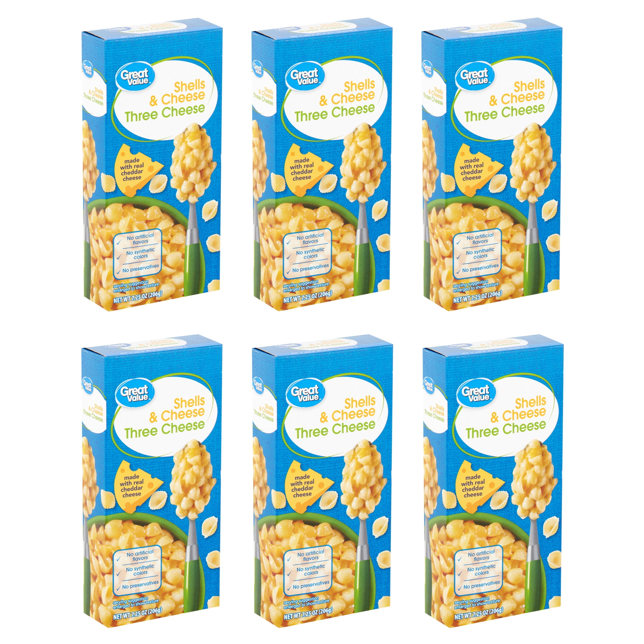 (6 pack) Great Value Three Cheese Shells and Cheese, 7.25 oz Shelf ...