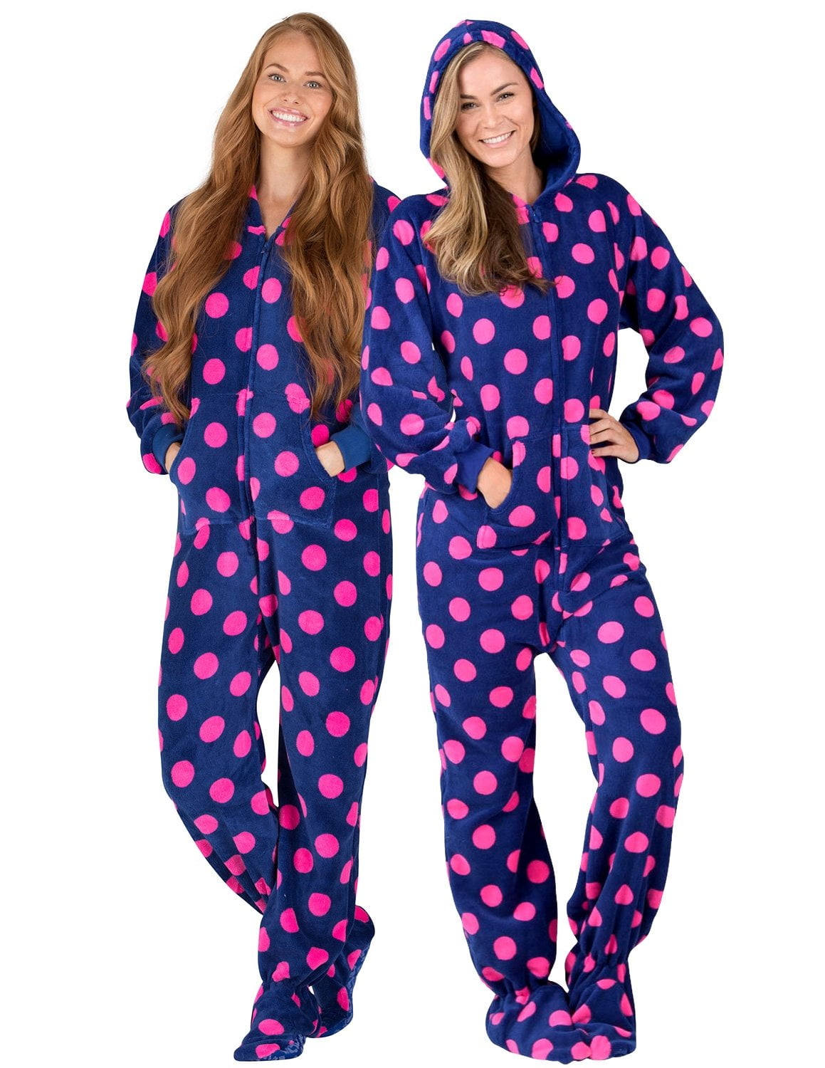 Footed Pajamas - Navy Pink Polka Adult Hoodie Chenille One Piece ...