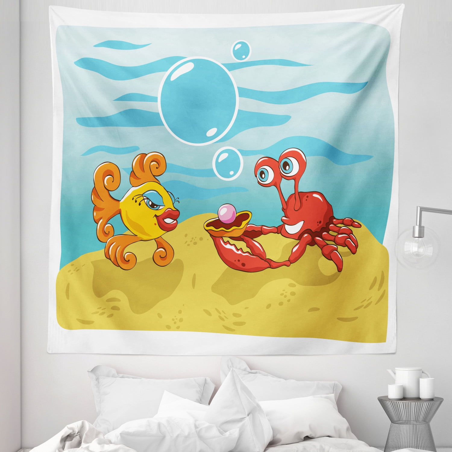 Cartoon Tapestry, Under the Sea Cartoon Fish and Crab with Sand Pearl ...