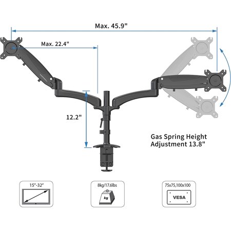 Fully Adjustable Dual Gas Spring LCD Monitor Arm Desk Mount Stand with ...