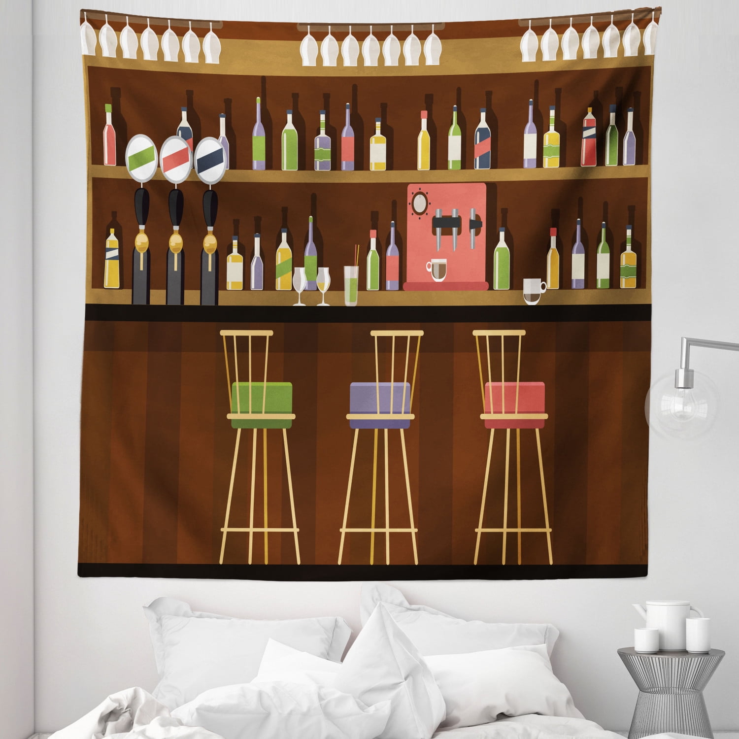 Bar Tapestry, Nightclub Pub Scene Tavern Venue with Alcohol Bottles ...