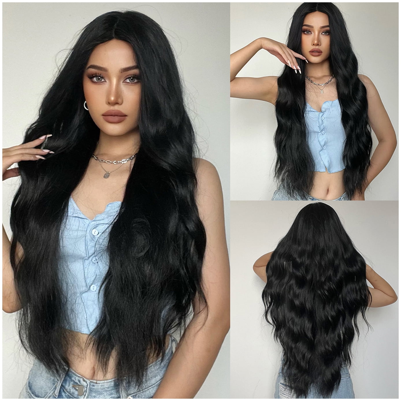 RightOn Long Black Wavy Wig for Women Curly Wavy Wig Middle Part 32 ...
