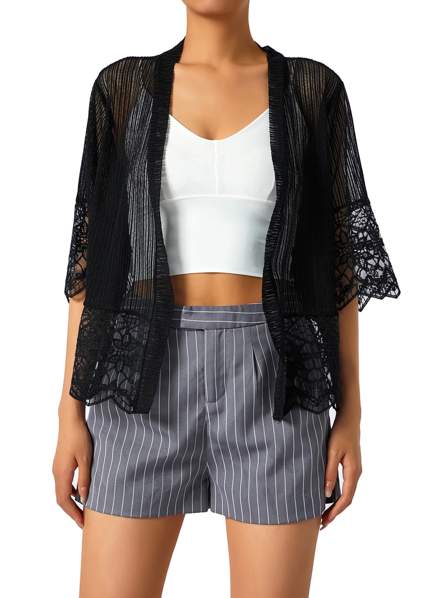 JYYYBF Women's See-through Smock Cardigan Short Sleeve Solid Color Lace ...