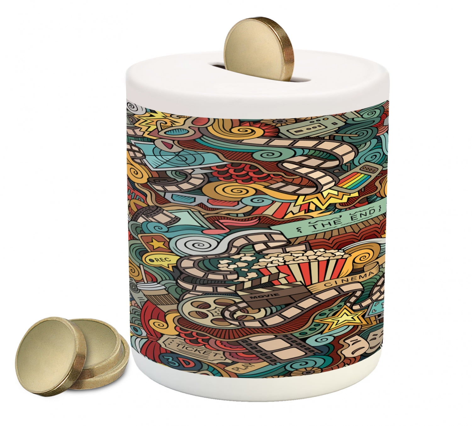 Hipster Piggy Bank, Cinema Items Combined in an Abstract Style Popcorn ...