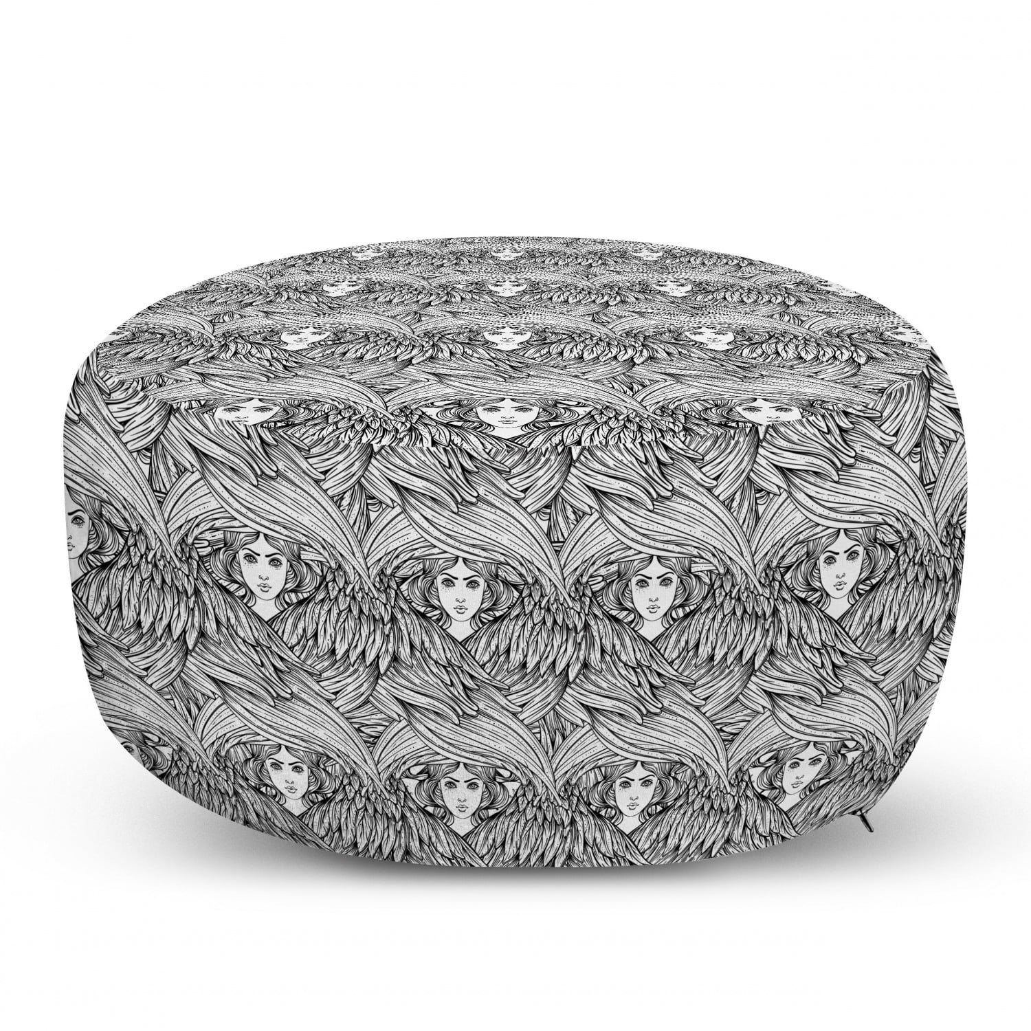 Sketch Pouf Cover with Zipper, Hand Drawn Woman Heads Images ...