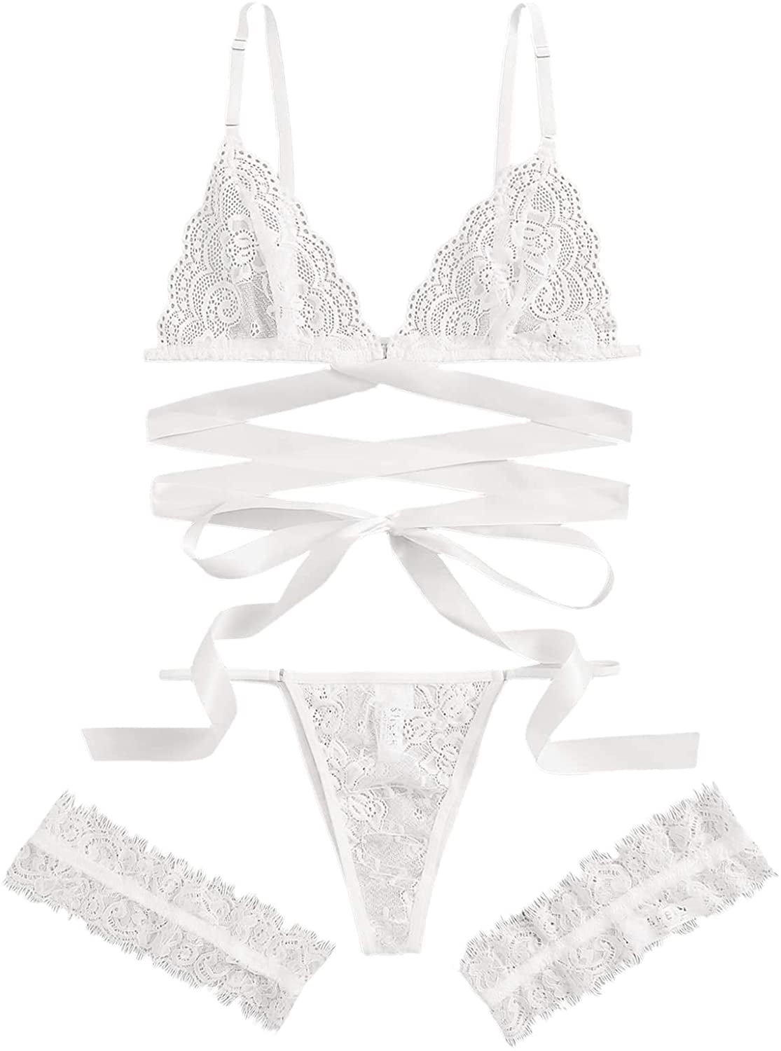 Shein Womens Sexy Criss Cross Bow Tie Lingerie Set Mesh Sheer Lace Bra