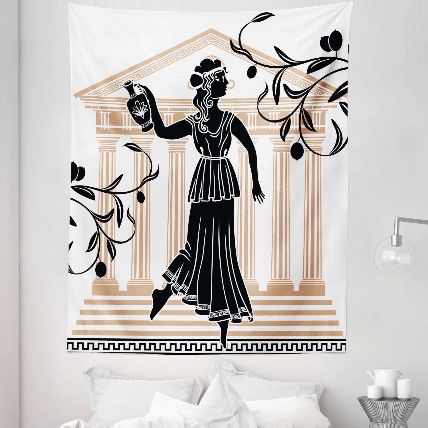 Retro Tapestry, Greek Woman with Amphora Building and Olive Branches ...