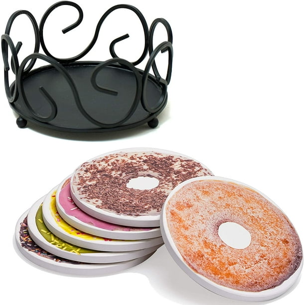 Absorbent Coasters and Iron Holder Bundle - 6 Doughnut Designs Ceramic ...
