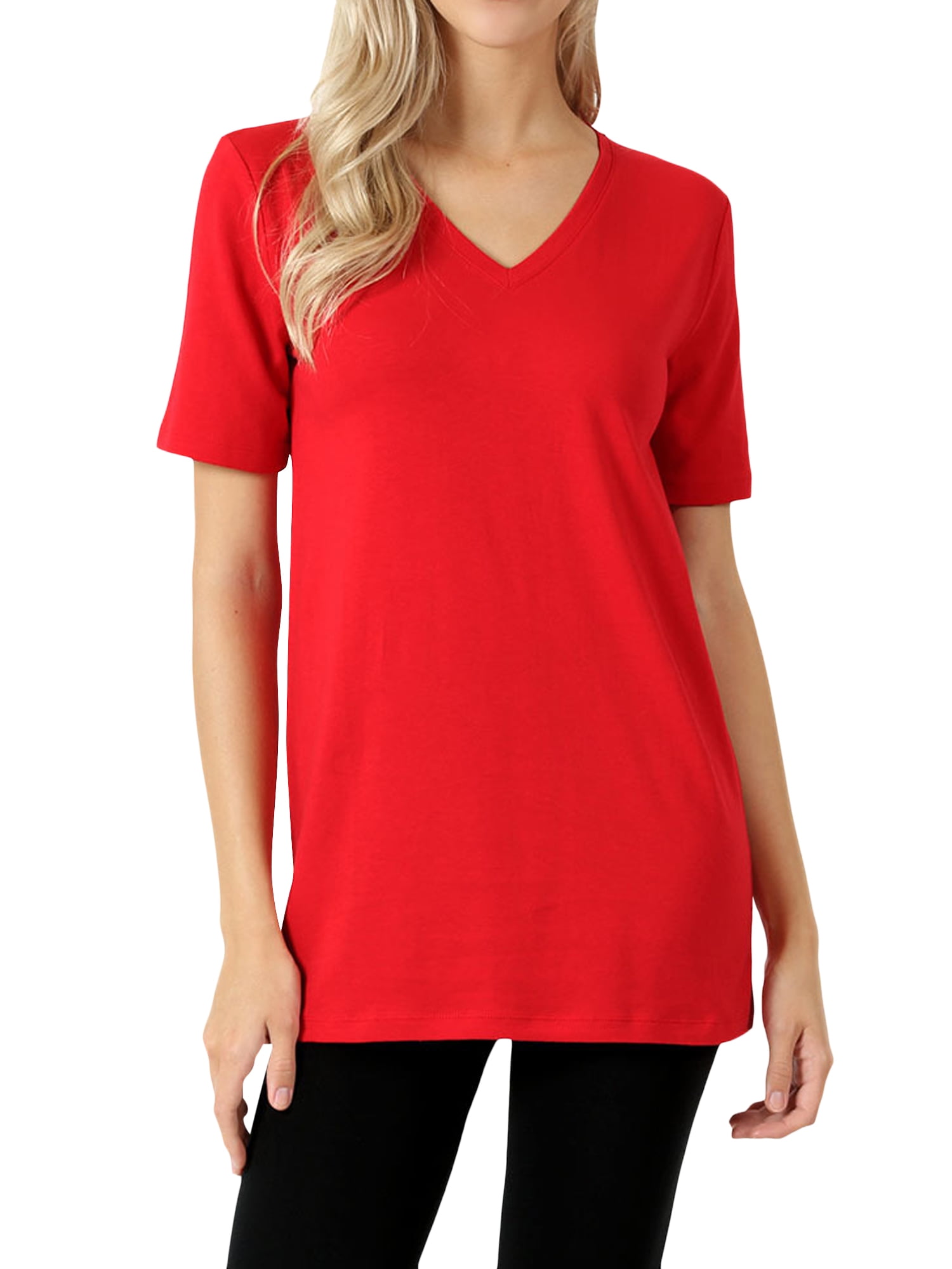 Zenana Women & Plus (S-3X) Cotton V-Neck Short Sleeve Casual Basic Tee ...
