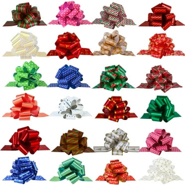 "Holiday Assorted Christmas Gift Pull Bows - 5"" Wide, Set of 9, Red, Green, Gold, Stripes ...
