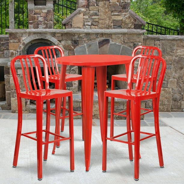 Emma + Oliver Commercial Grade 30" Round Red Metal Bar Table Set-4 ...