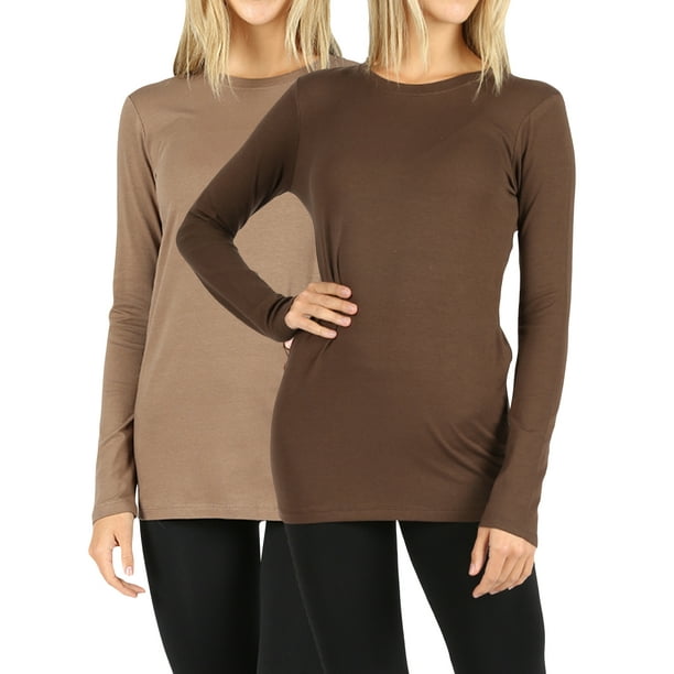 Women Basic Round Crew Neck Long Sleeve Stretch Cotton Spandex T Shirts