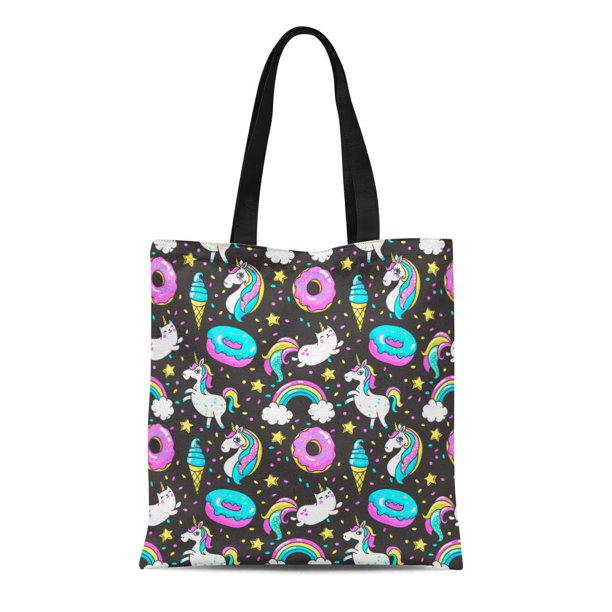 HATIART Canvas Tote Bag Unicorns Donuts Rainbow Confetti Pins Patches in Cartoon 80S Durable ...