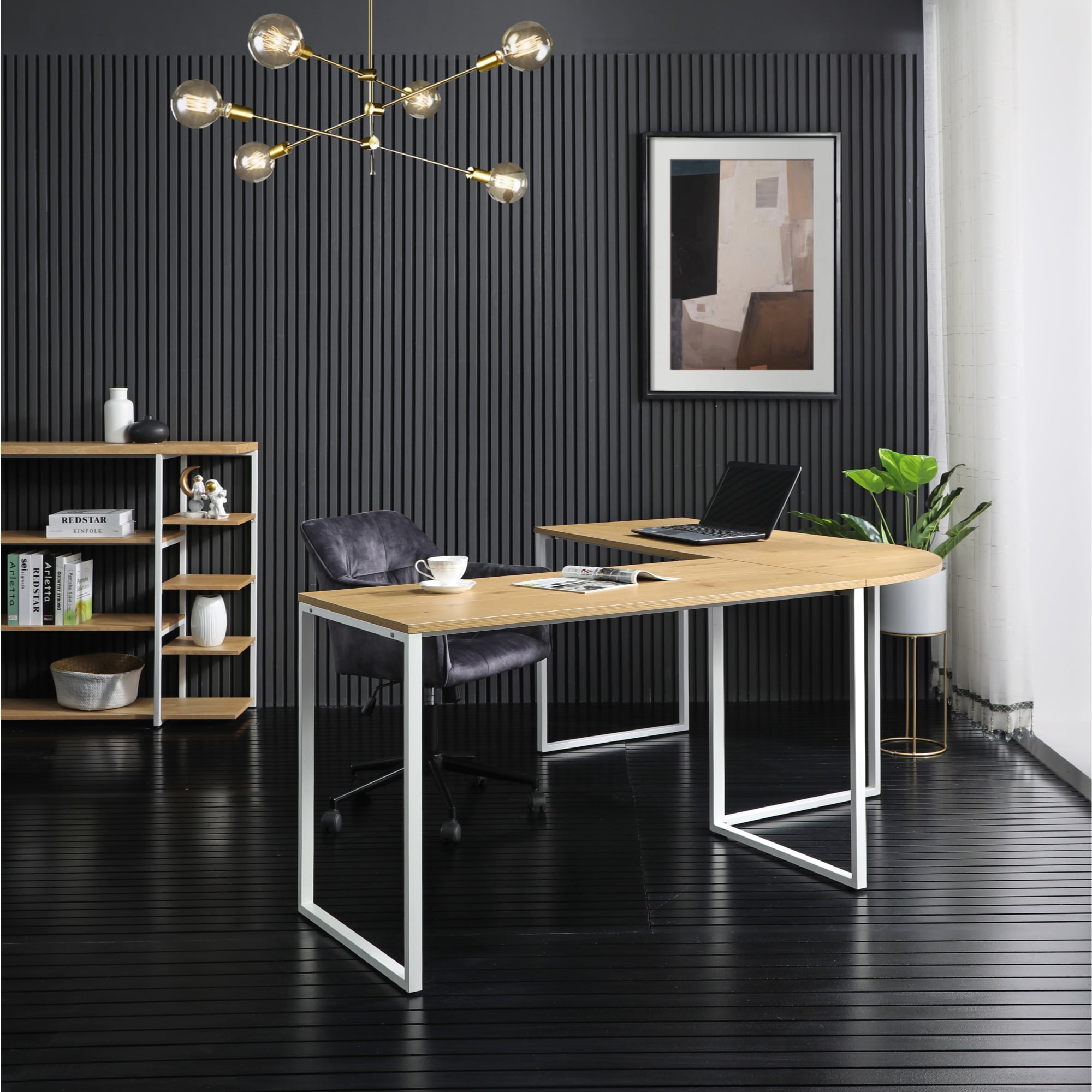 Bryanna Rectangular L-Shaped MDF Desk with White Legs, Natural ...