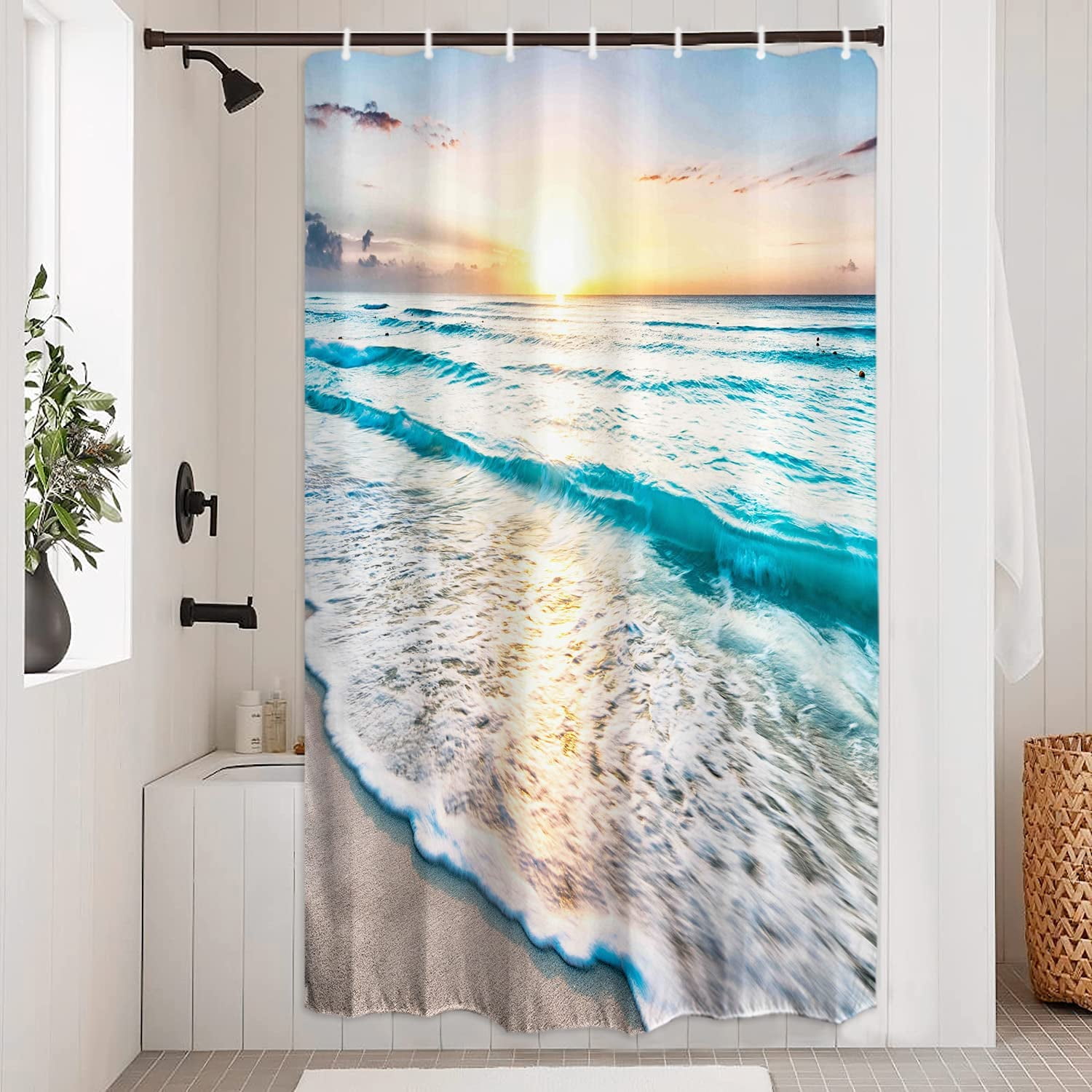 Sea Beach Ocean Waves Shower Curtain with Hooks, Stall Small Island ...