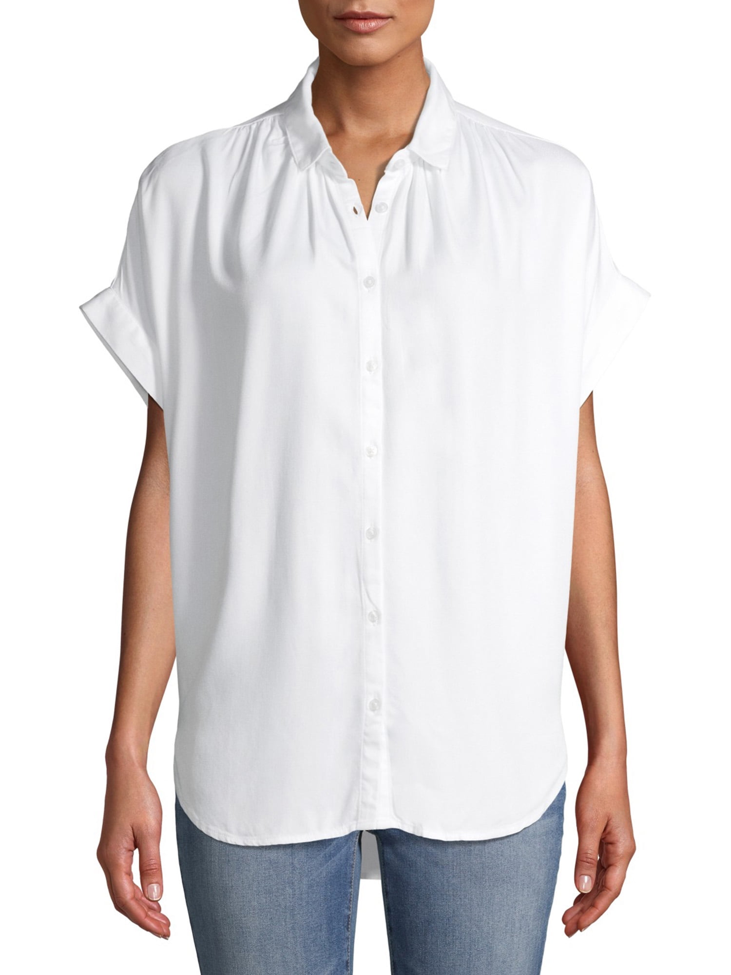 Time and Tru Women's Button Front Shirt with Rolled Sleeves - Walmart.com