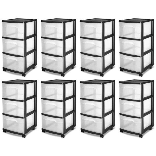 Sterilite 3 Drawer Storage Cart with Clear Drawers and Black Frame (8 ...