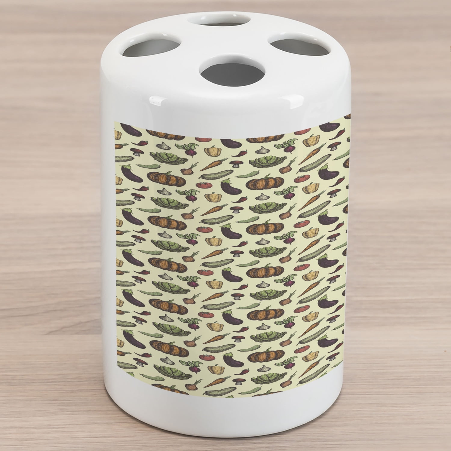 Vegetable Art Ceramic Toothbrush Holder, Hand Drawn Vegan Pattern ...