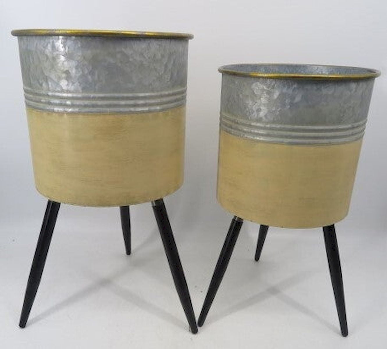 Set Of 2 Yellow Dip And Silver Buckets With Tripod Legs Planters ...