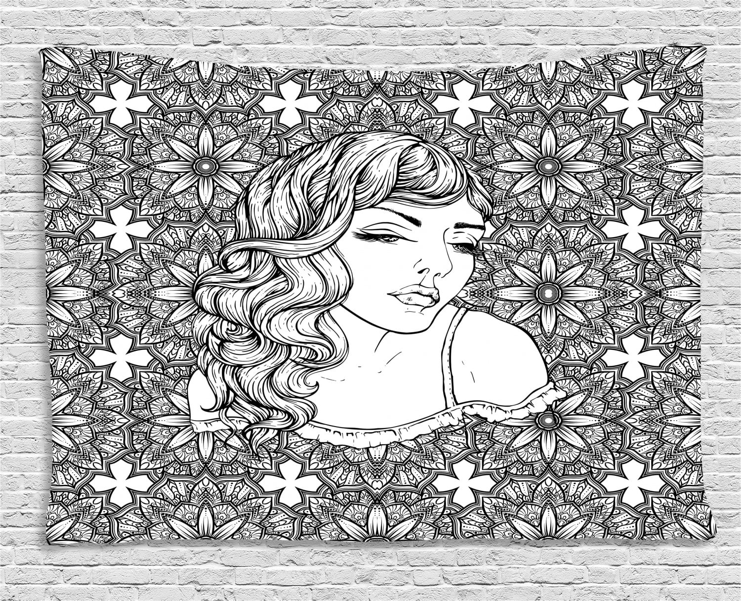 Girls Tapestry, Face of a Young Lady with Wavy Hair on Boho Style ...