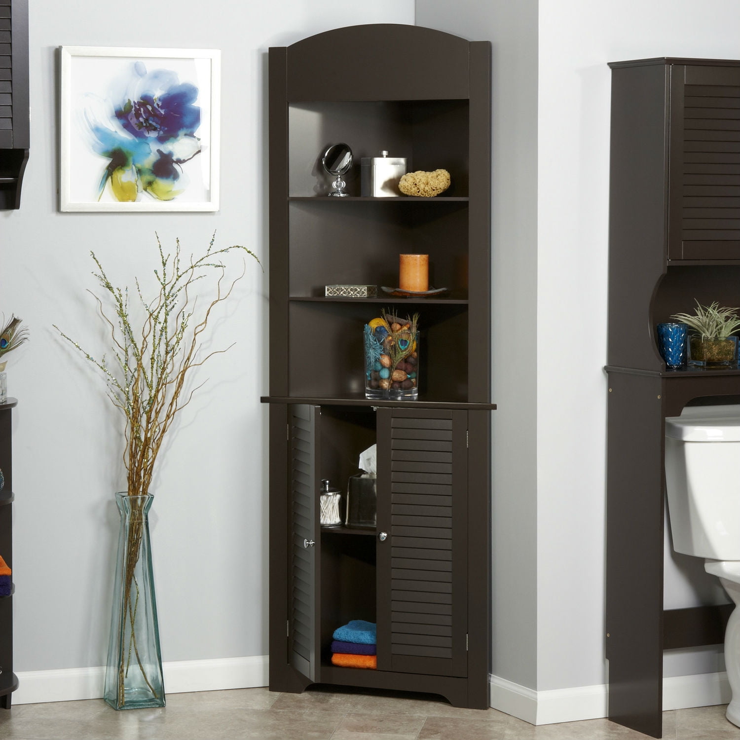 Espresso Bathroom Linen Tower Corner Towel Storage Cabinet with 3 Open ...