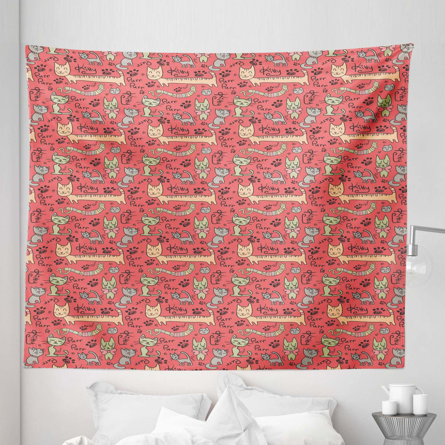 Cat Tapestry, Pattern with Hand Drawn Style Cats Purr Purr Kitty Paws ...