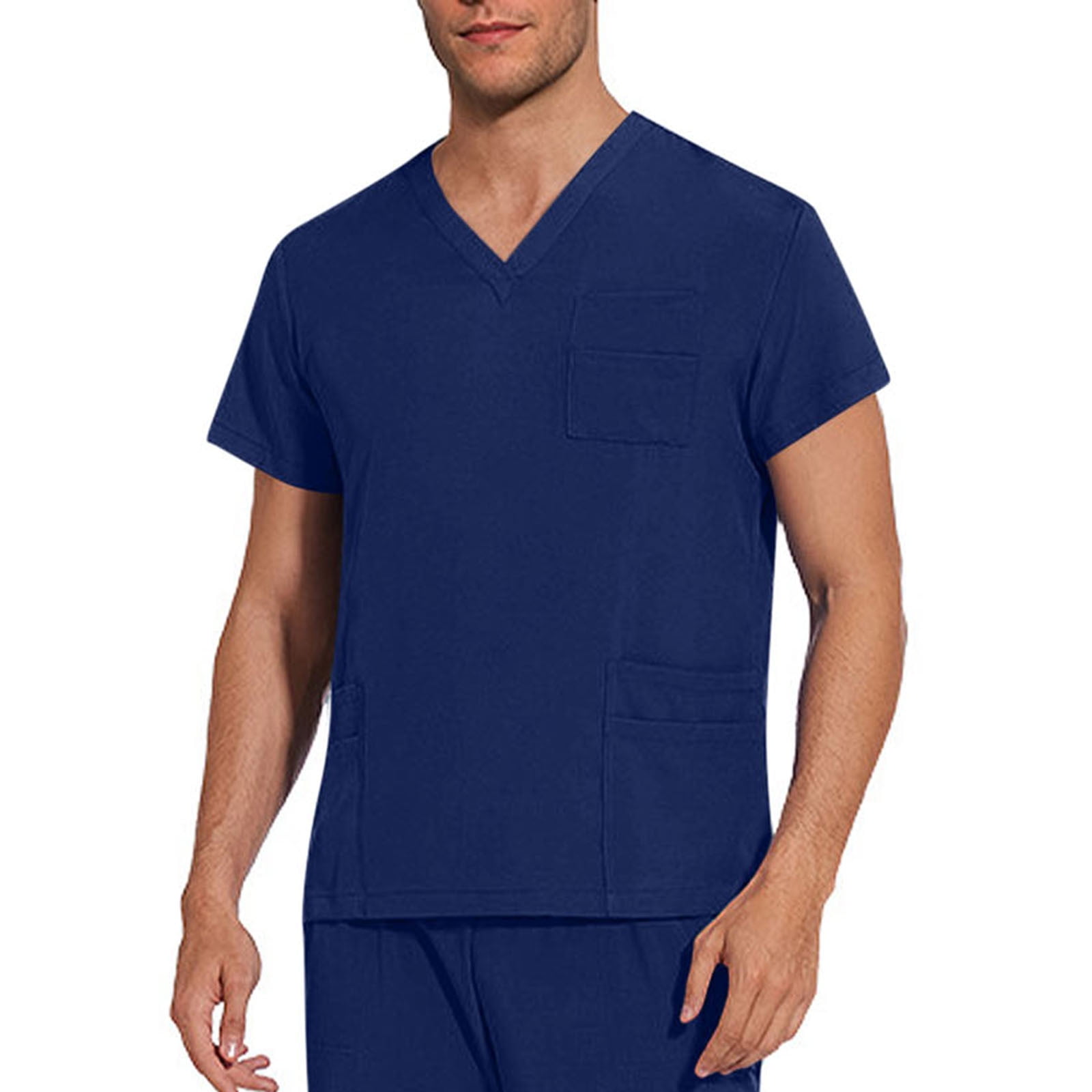 Amzcrzy Scrubs For Men Solid Color V Neck Scrub Tops Fashion Short Sleeve Workwear Nursing Scrubs With Pockets