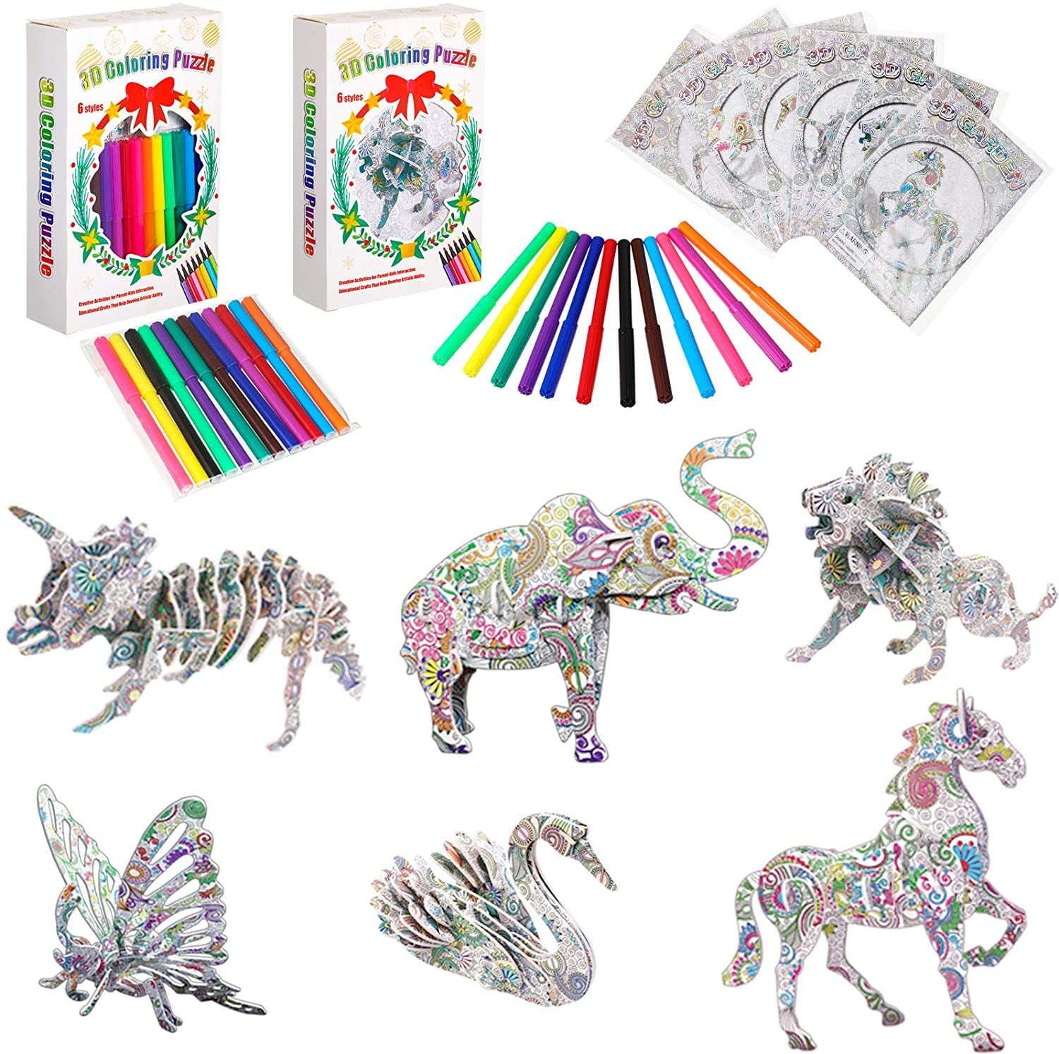 3D Coloring Puzzle Set Inclu e 6 Pieces Woo en 3D Animal Puzzle Art ...
