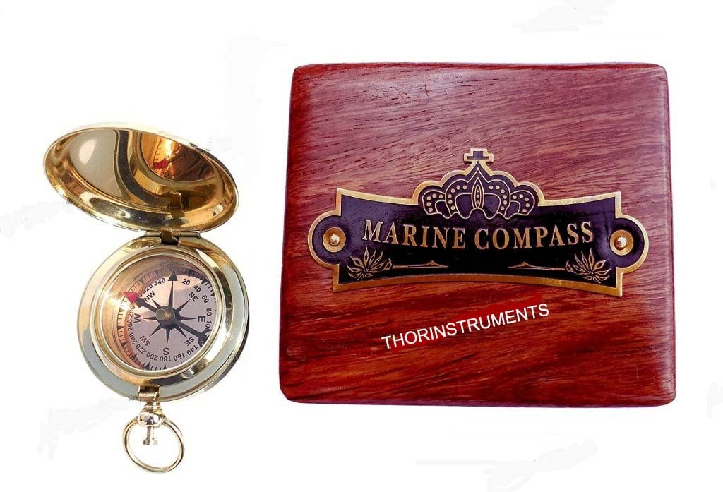 Handmade Brass Push Open Compass With Wooden Case, Pocket Compass For ...