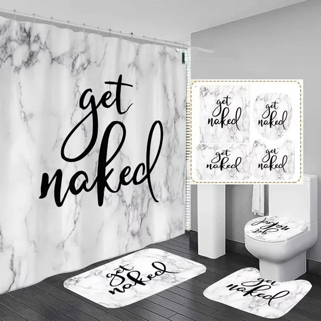 Coxila 4 Piece Get Naked Marble Shower Curtain Set White Black with Non-Slip Rugs, Toilet Lid ...