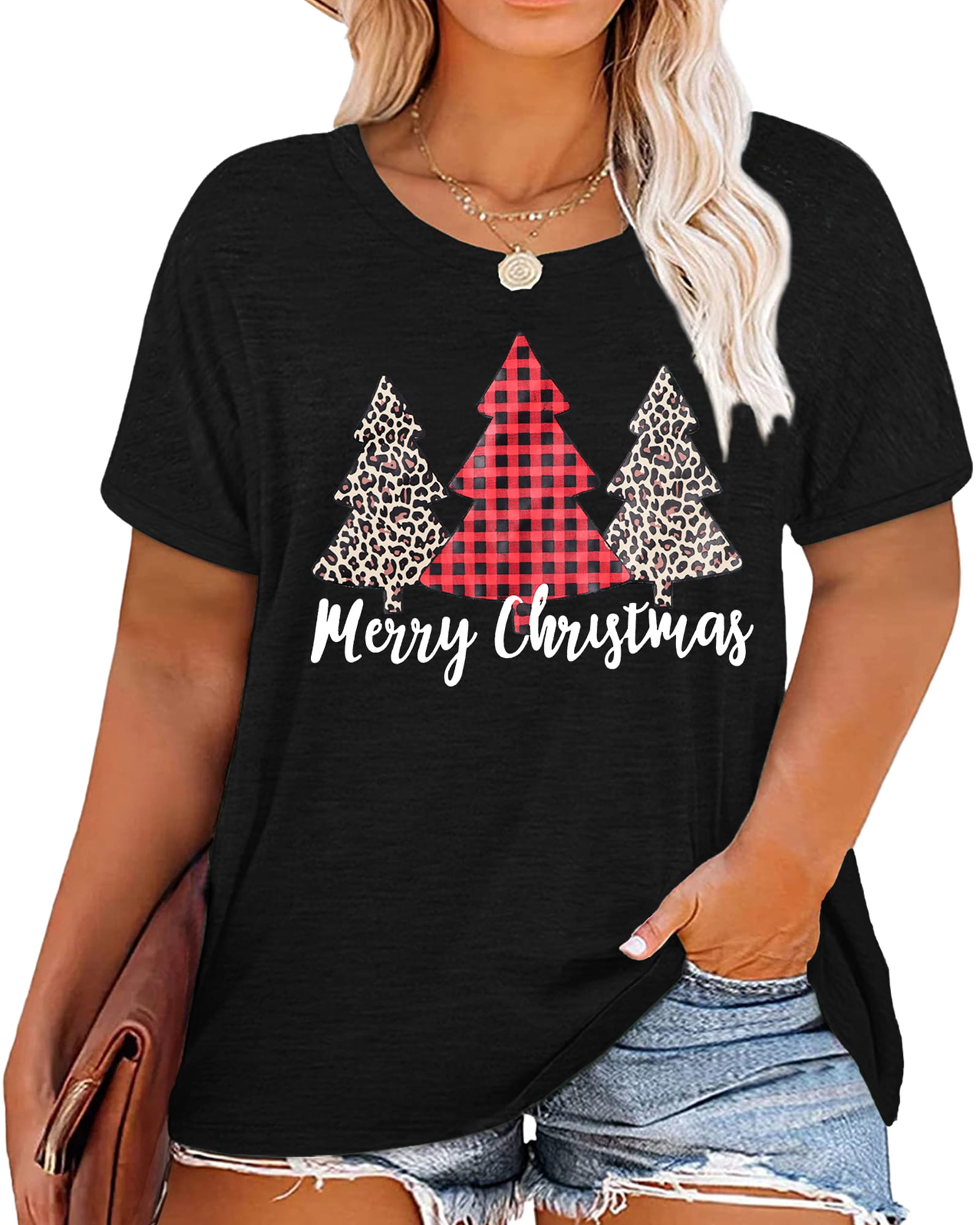 Anbech Christmas Trees Shirts for Women Graphic Plus Short Sleeves Tees ...