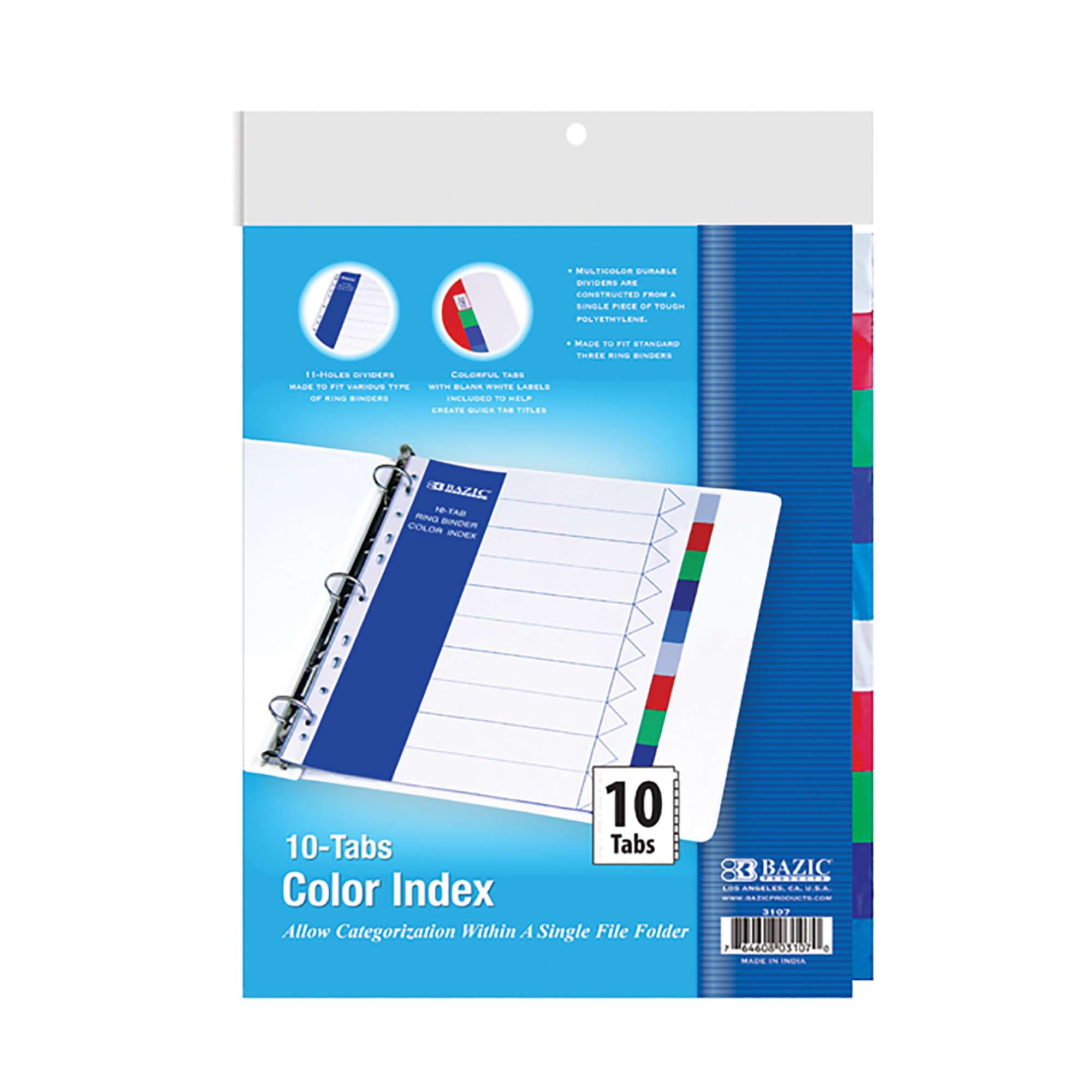 BAZIC Binder Dividers 10 Color Tabs 11 Hole Index Tab, (10/Pack), 24 ...