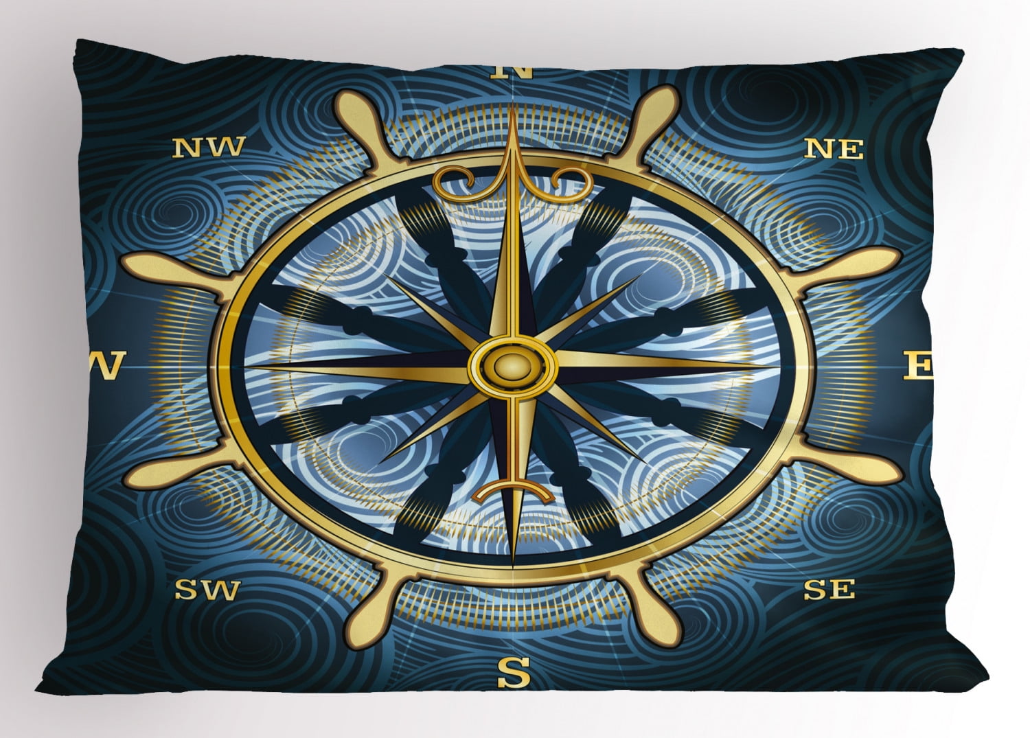 Compass Pillow Sham Navigation Golden Compass with Windrose and Helm on ...
