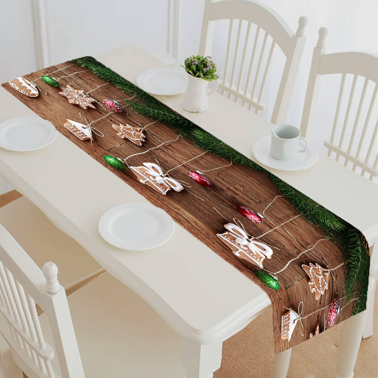 ECZJNT Gingerbread cookies hanging over wooden table runner table cloth ...