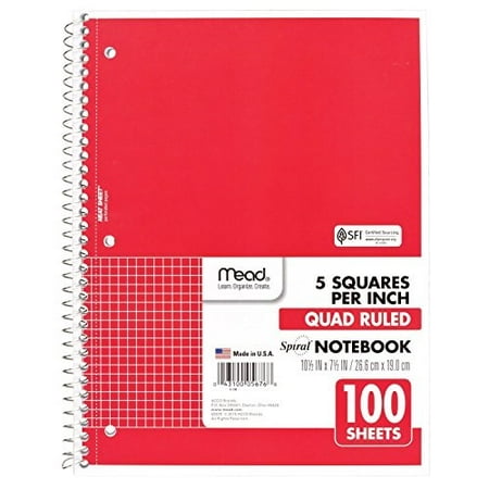 Mead Spiral Notebook, 1 Subject, Quad Ruled, 100 Sheets, 10-1/2" x 7-1/ ...