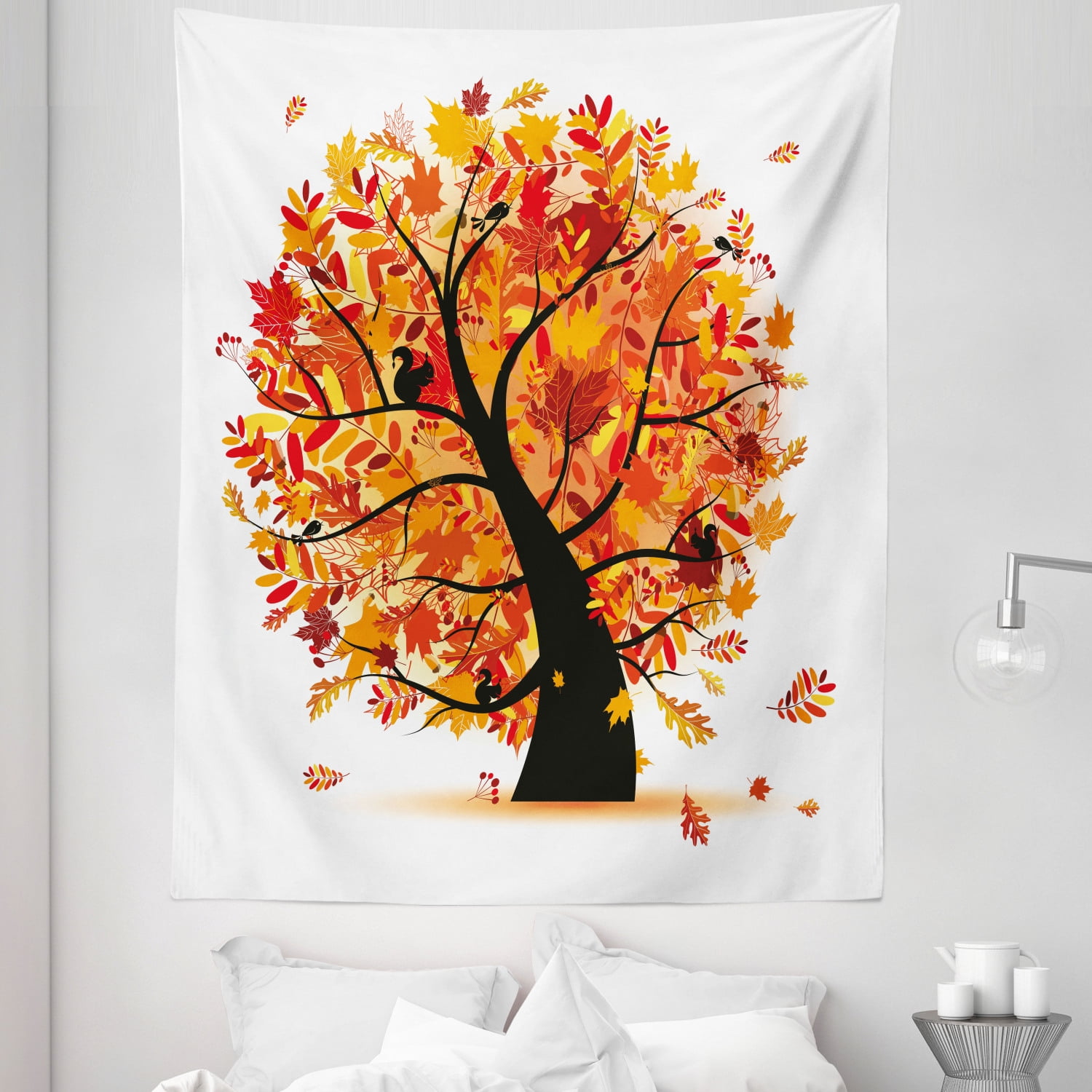 Fall Tapestry, Curvy Tree with Various Different Falling Leaves Cartoon ...