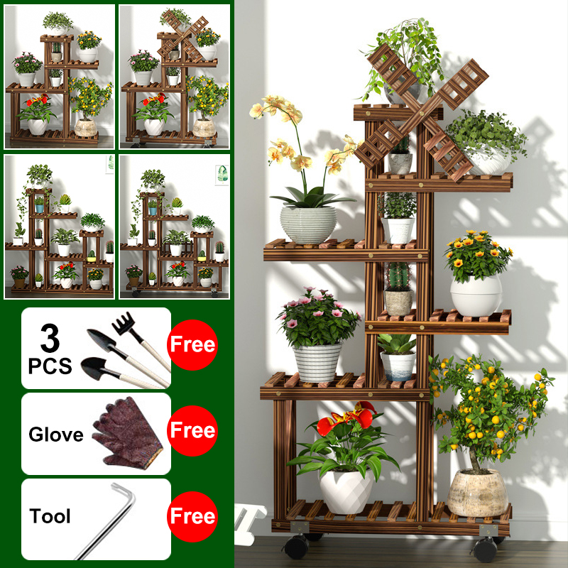 Rolling Wooden Flower Stand With Wheels Movable Flower Plant Display ...