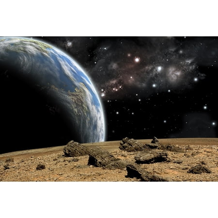 An artist's depiction of the view from a rocky and barren alien world ...