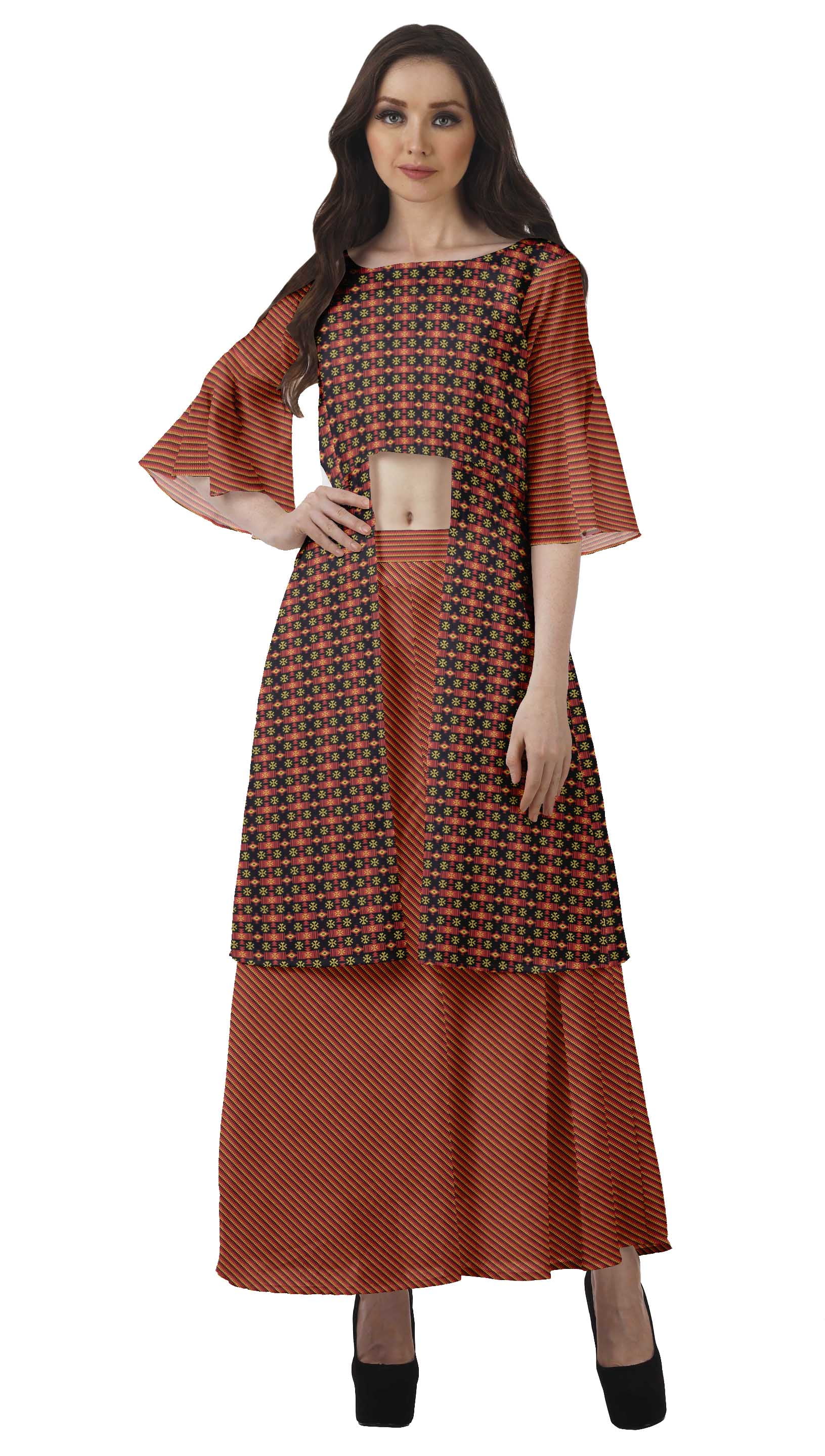 Moomaya Printed High Low Crop Top Kurti Palazzo Set Ethnic Indian ...