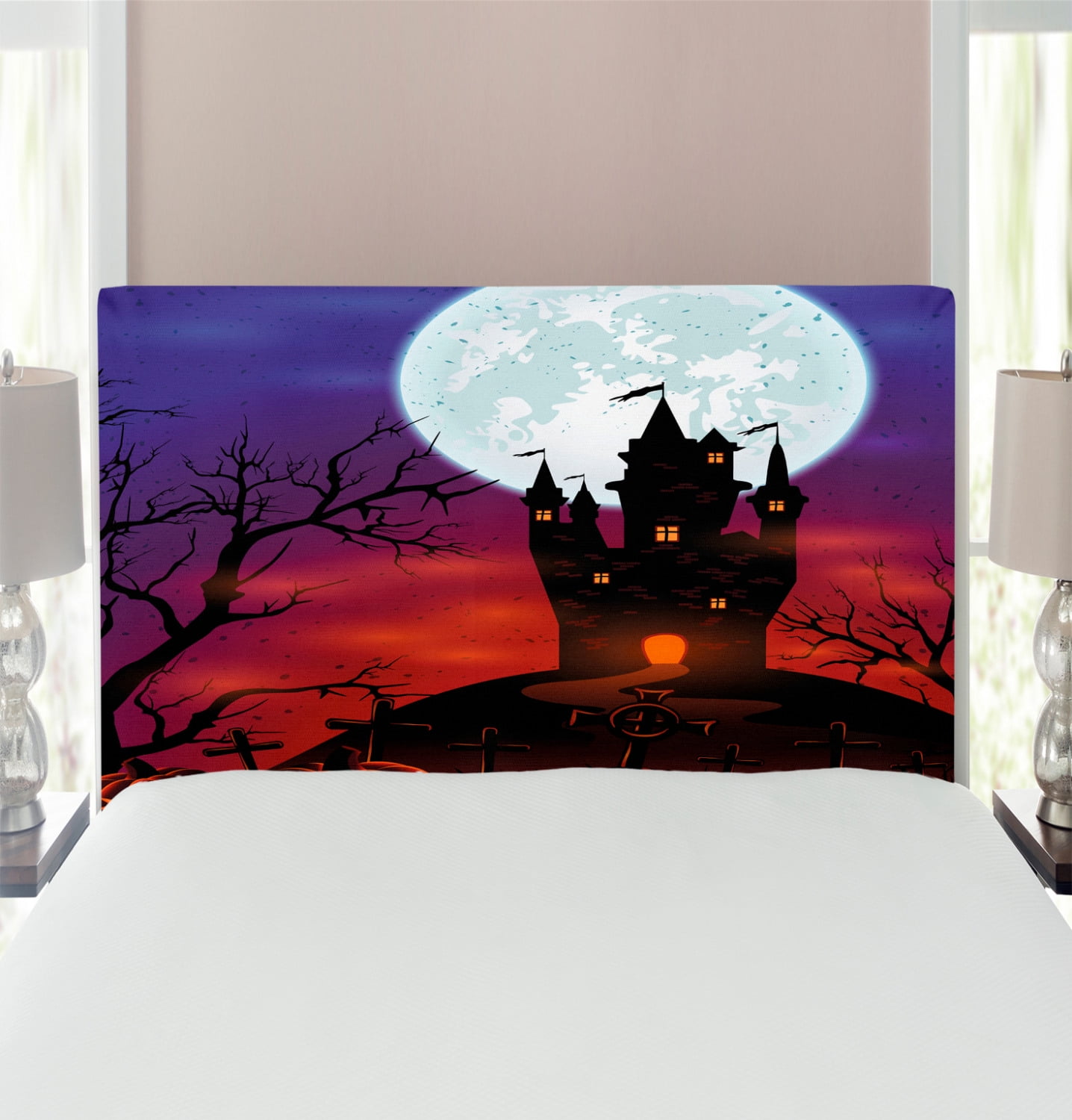 Halloween Headboard, Gothic Haunted House Castle Hill Valley Night Sky ...