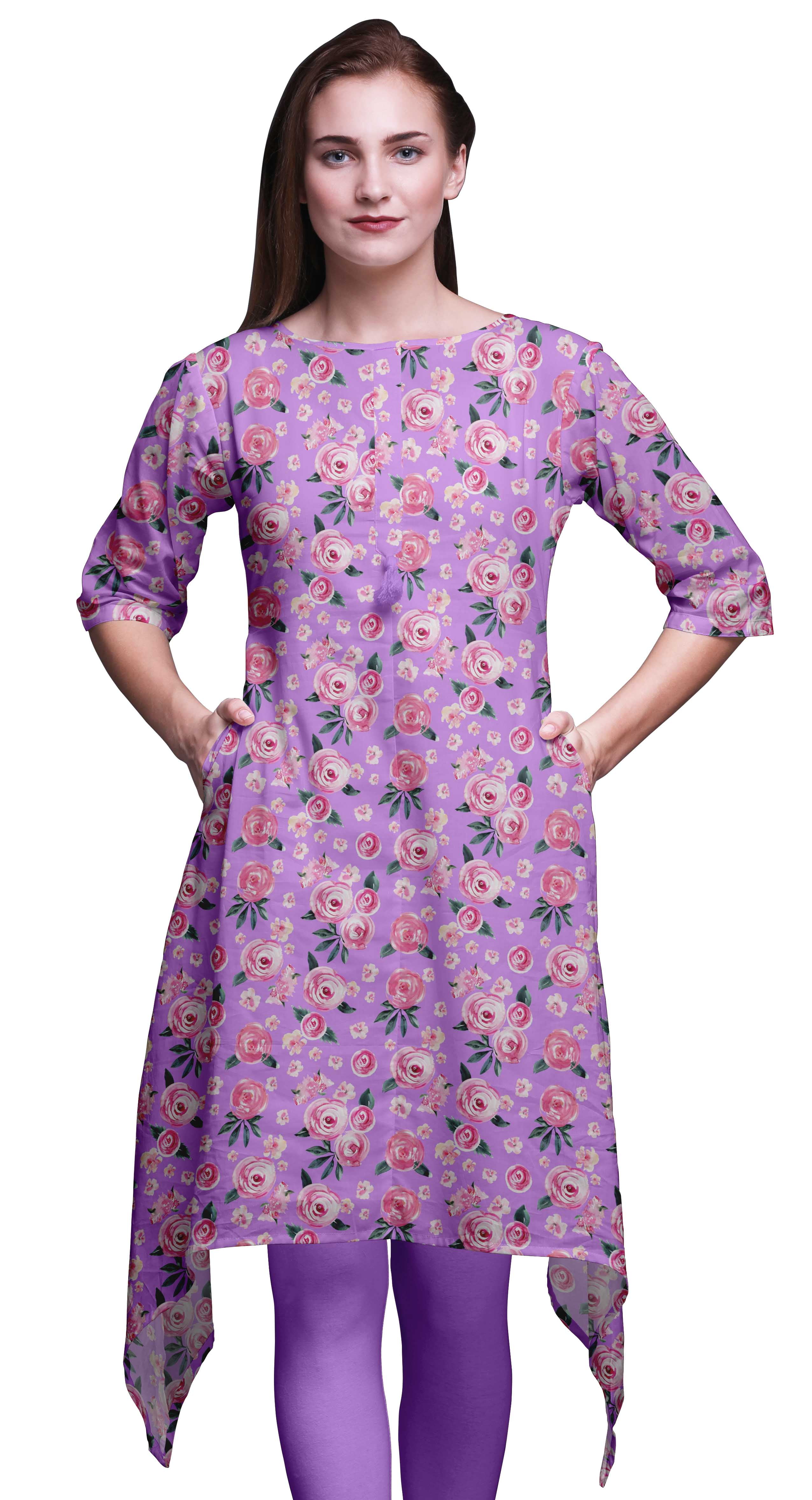 Bimba Purple Leaves & Ranunculus Floral Asymmetric Kurta Indian Tunic ...