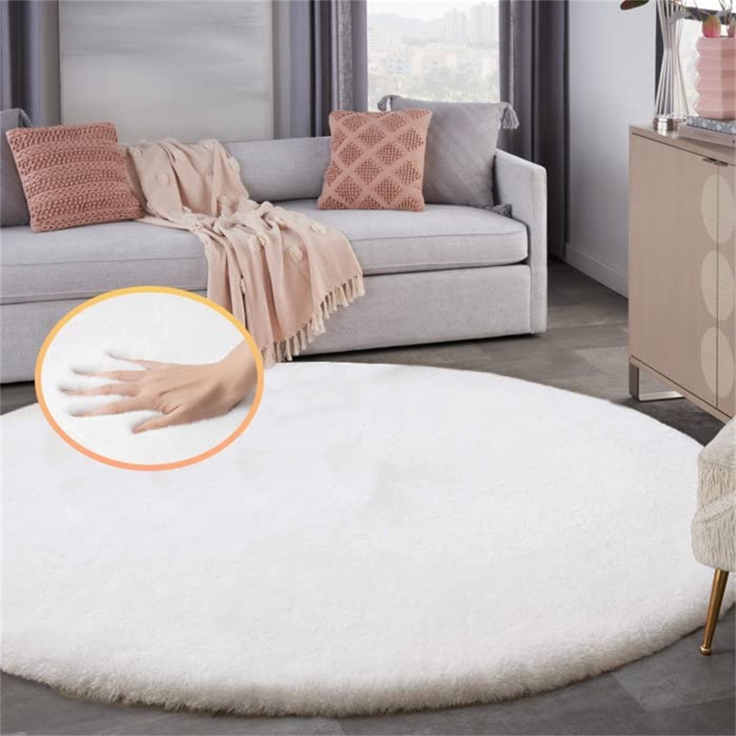 Latepis White Shag Round Rugs 8ft for Dining Room Table Faux Rabbit ...