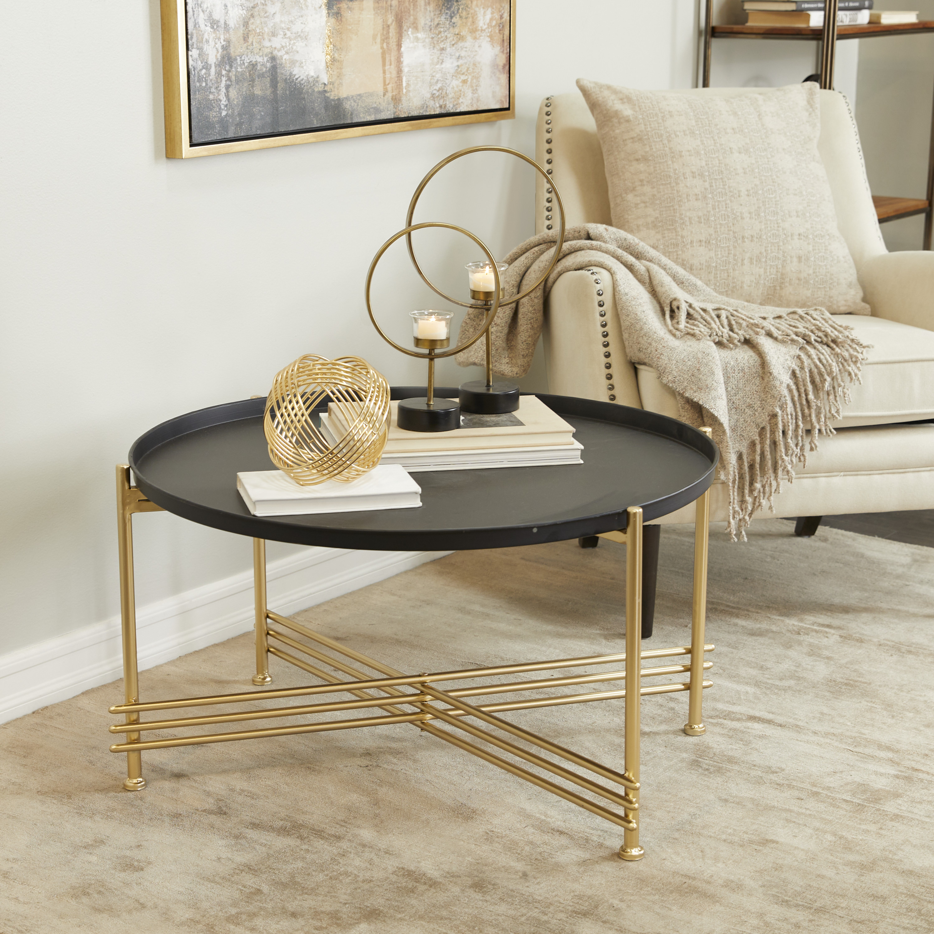 DecMode 33" x 19" Black Metal Coffee Table with Gold X Shaped Base, 1 ...