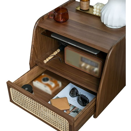 Rattan Nightstand Wooden Multifunctional Bedside Table with Removable ...