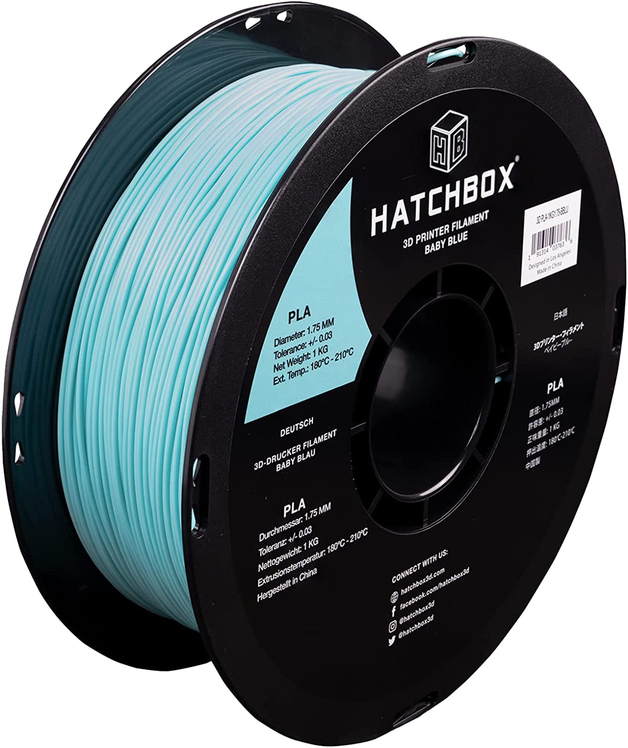 HATCHBOX 1.75mm Baby Blue PLA 3D Printer Filament, 1 KG Spool ...