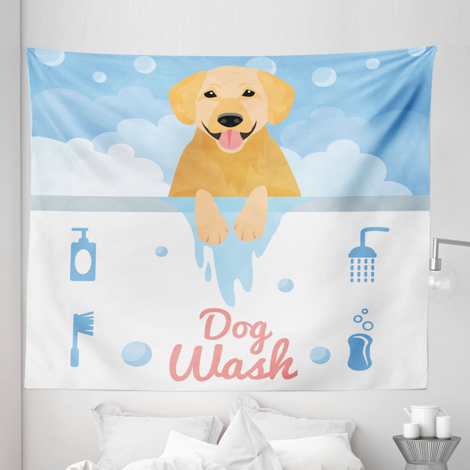 Golden Retriever Tapestry, Dog Washing in Bathtub Cartoon Foam and Soap ...