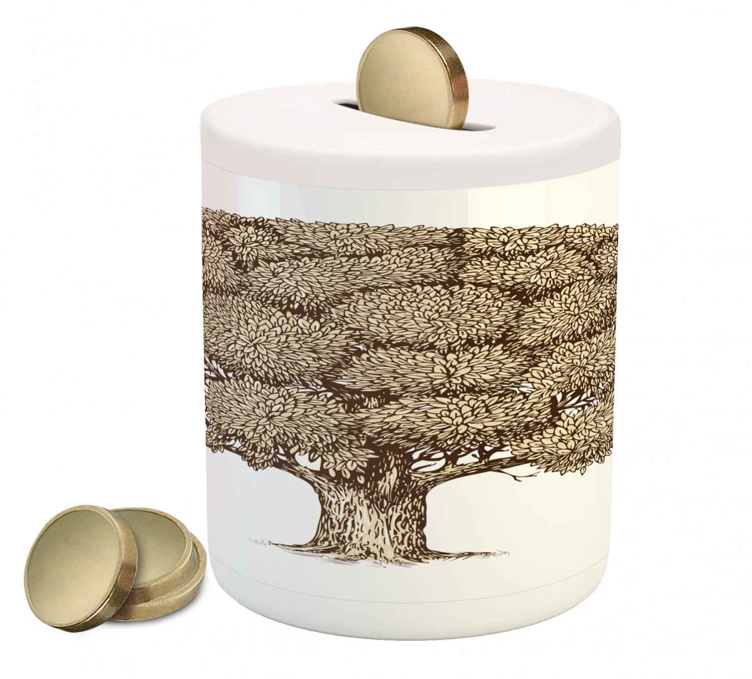 Tree Piggy Bank, Monochrome Oak Tree Design with Fresh Foliage Woodland ...