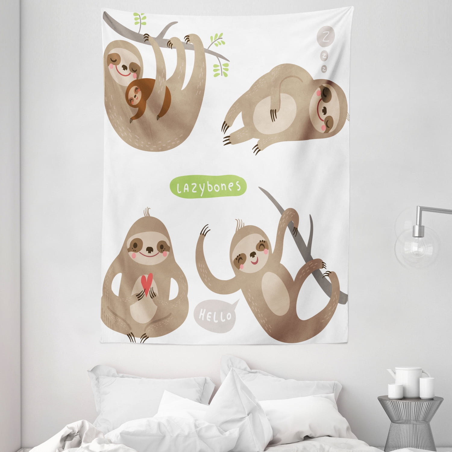 Sloth Tapestry, Childish Pattern of Funny Cute Lazy Sloths Hugging ...