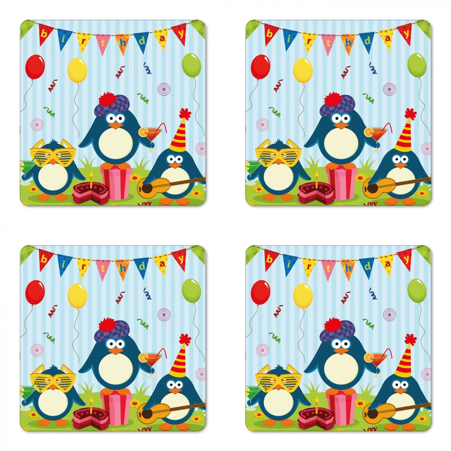 Birthday Coaster Set of 4, Cartoon Style Penguin Party with Flags Cakes ...