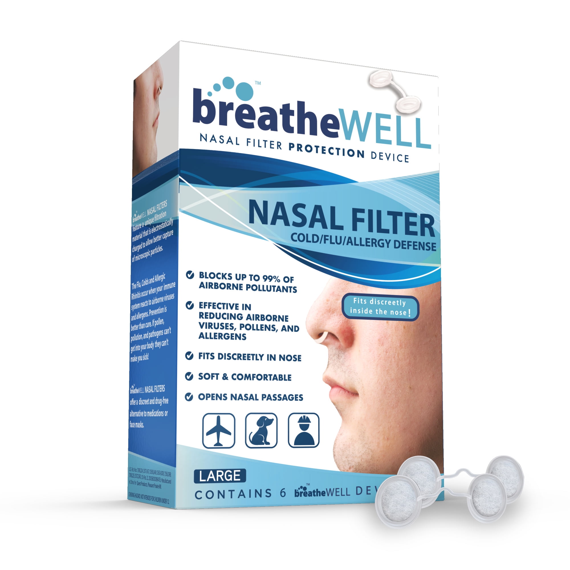 breatheWELL™ Nasal Filter Protection Device 6 Count, Large, Filters air ...